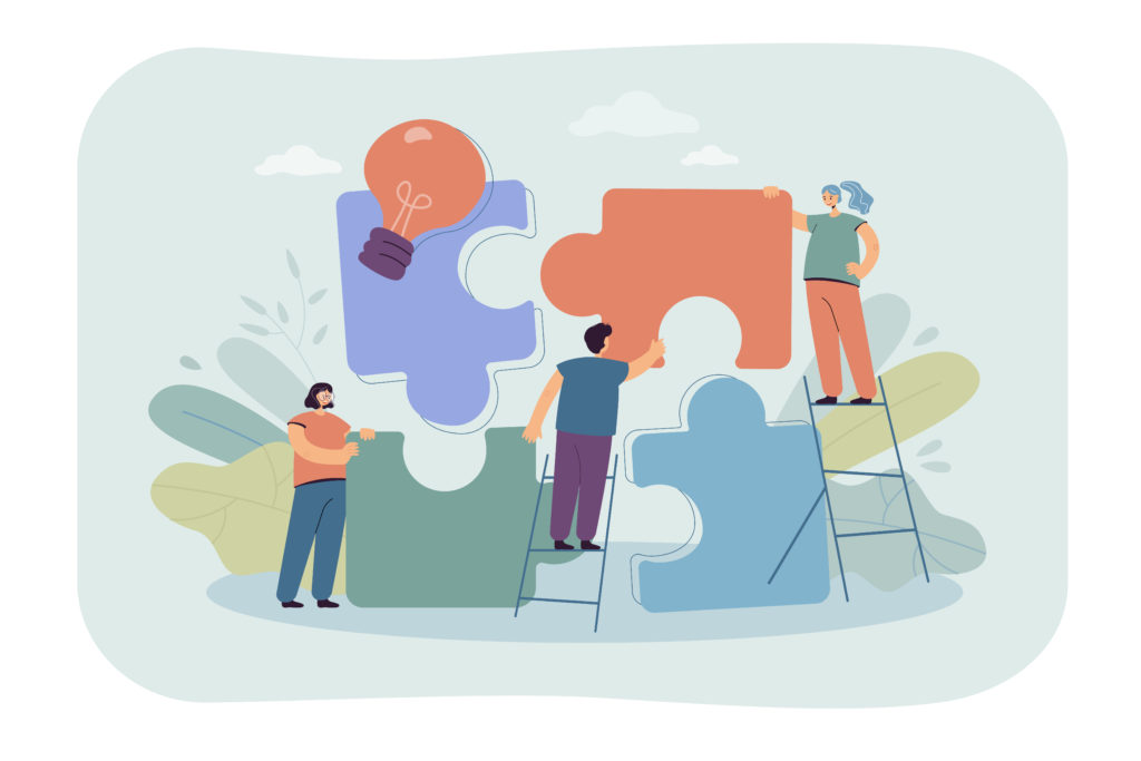 Team of tiny people connecting giant puzzle elements • ALL DIGITAL Team of tiny people connecting giant puzzle elements • ALL DIGITAL